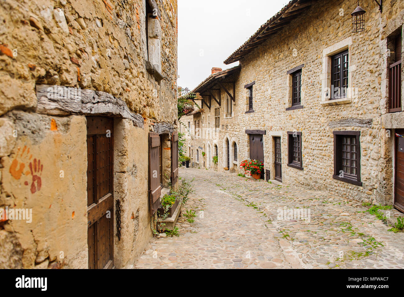 Close view of the authentic stone house of Perouges, France, a medieval ...