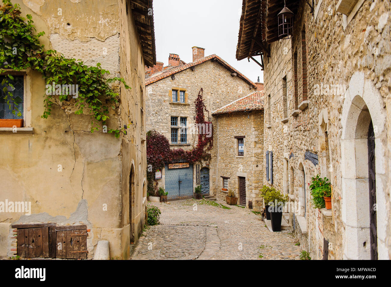 Close view of the authentic stone house of Perouges, France, a medieval ...