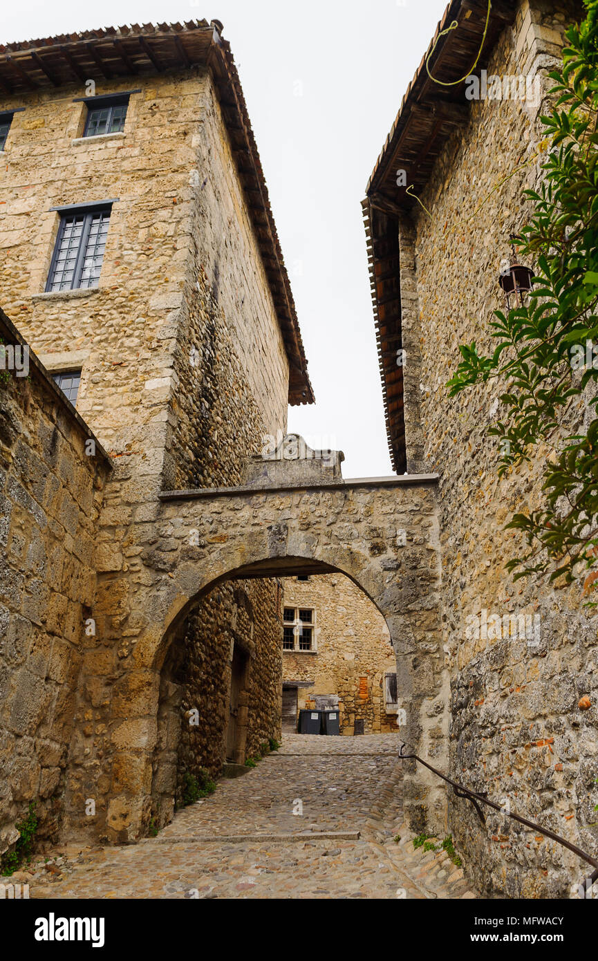 Close view of the authentic stone house of Perouges, France, a medieval ...