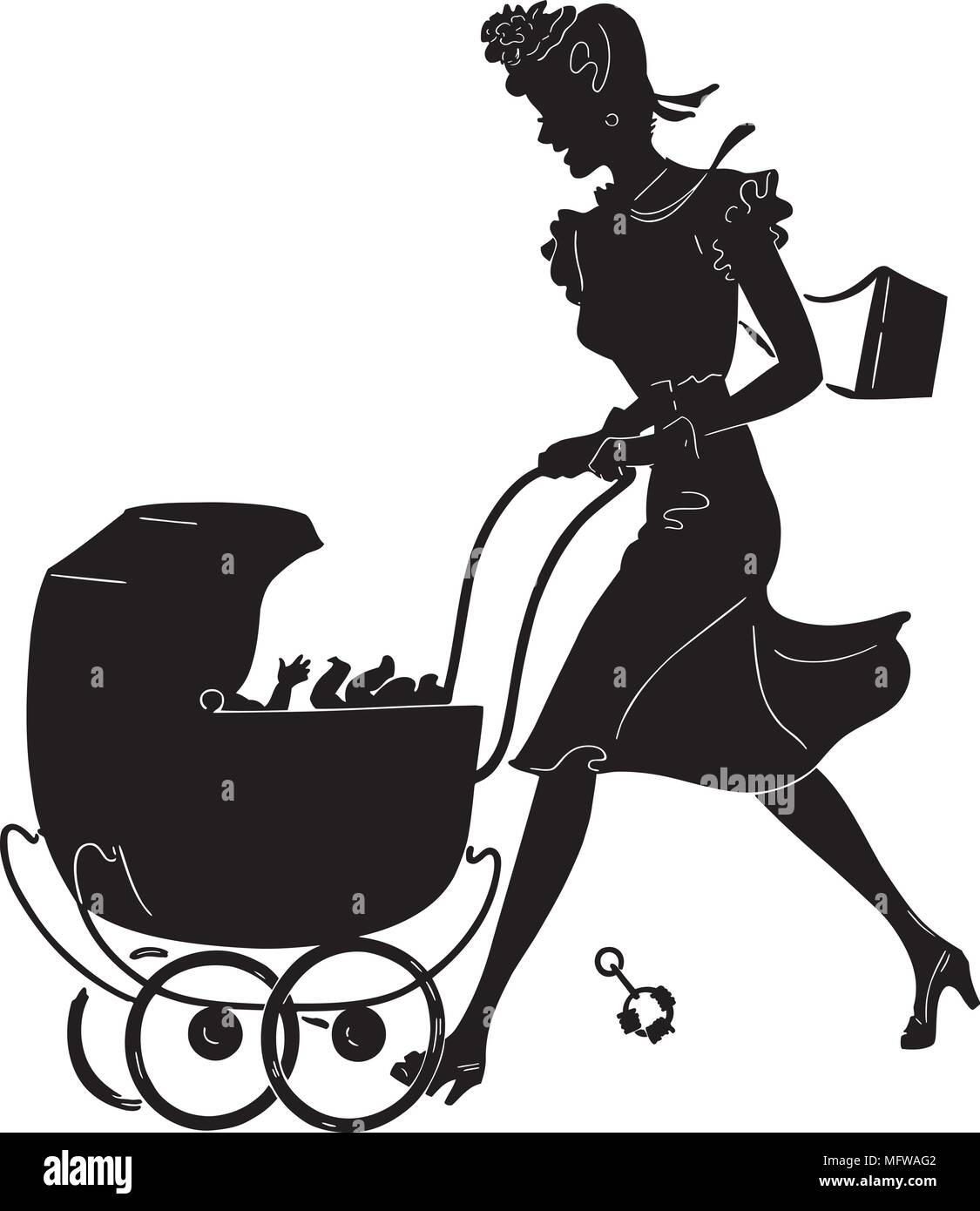 Mom Pushing Pram Silhouette - Retro Clipart Illustration Stock Vector ...