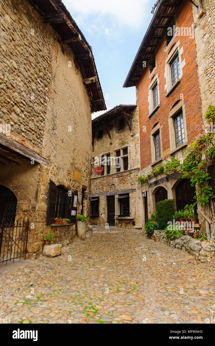 Perouges, France, a medieval walled town, a popular touristic ...