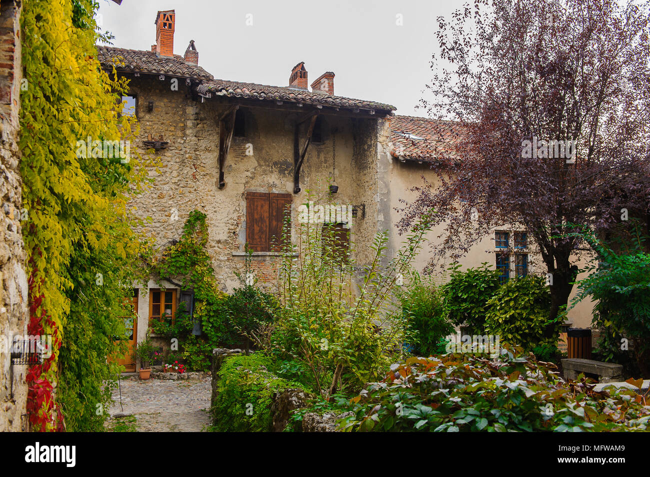 Architecture of Perouges, France, a medieval walled town, a popular ...