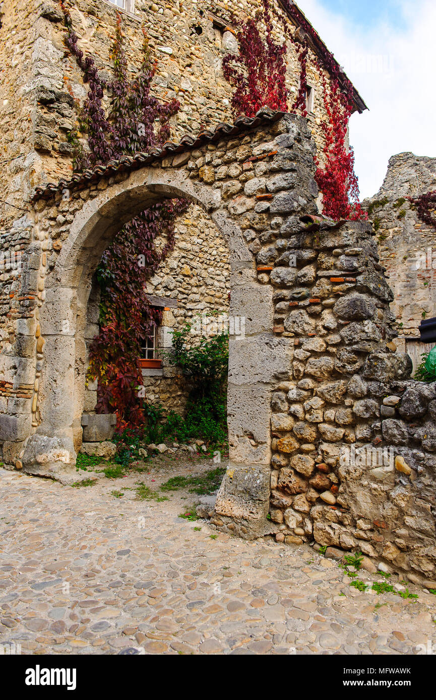 Perouges, France, a medieval walled town, a popular touristic ...