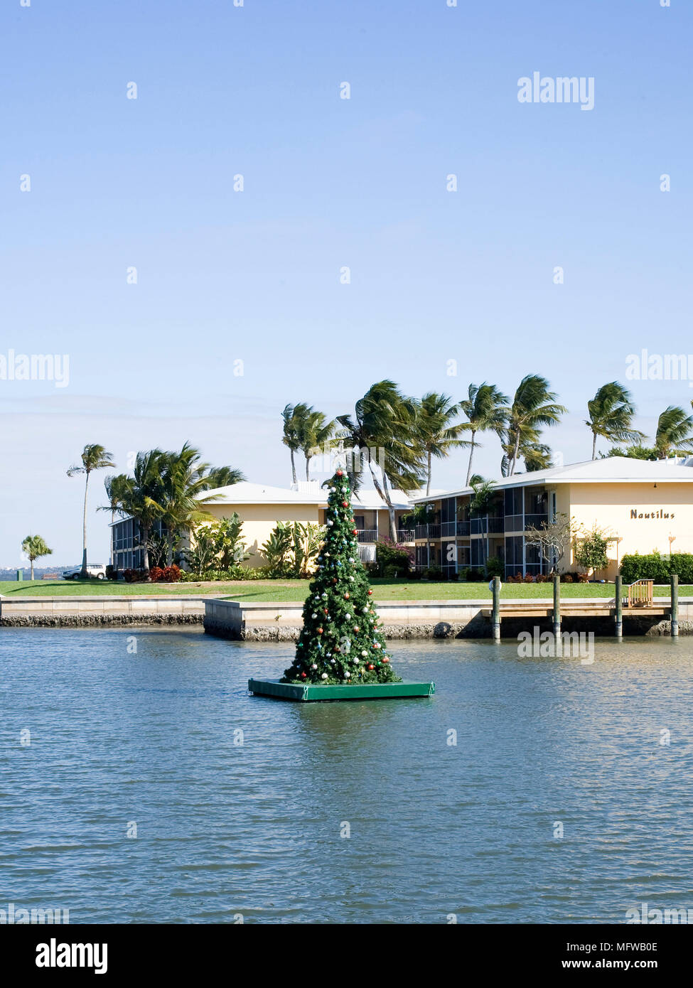 Modern Christmas tree on floating island Stock Photo - Alamy