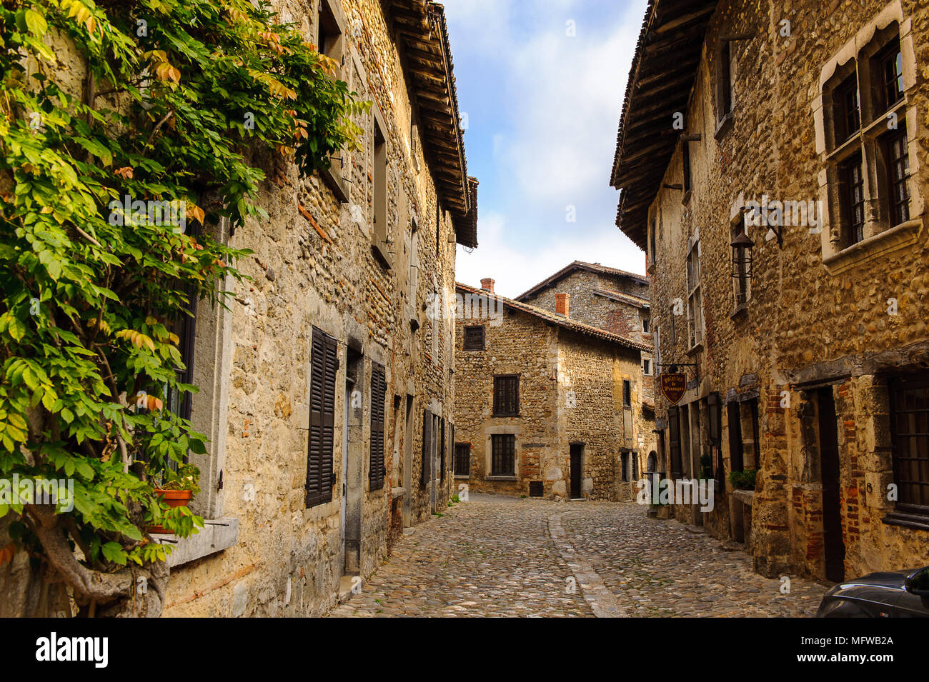 Medieval architecture of Perouges, France, a walled town, a popular ...