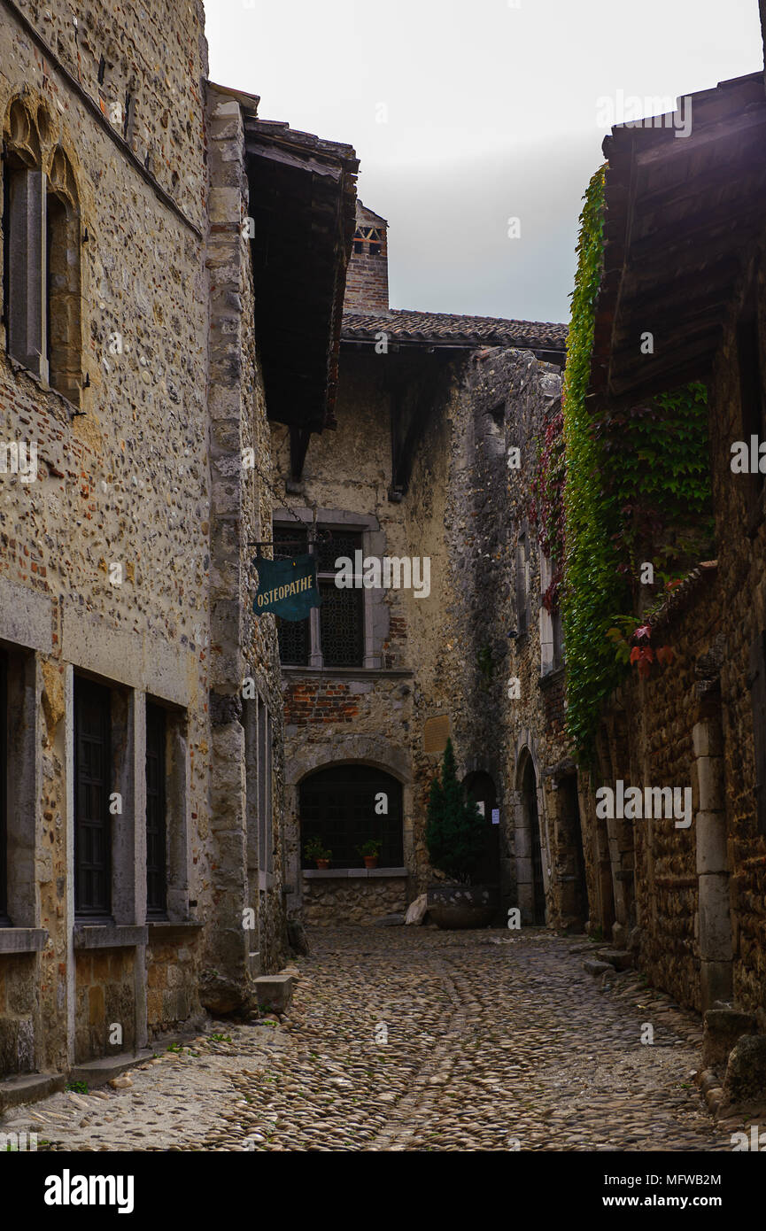 Medieval architecture of Perouges, France, a walled town, a popular ...