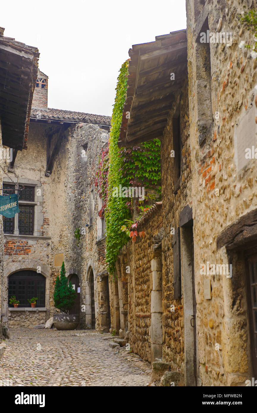 Medieval architecture of Perouges, France, a walled town, a popular ...