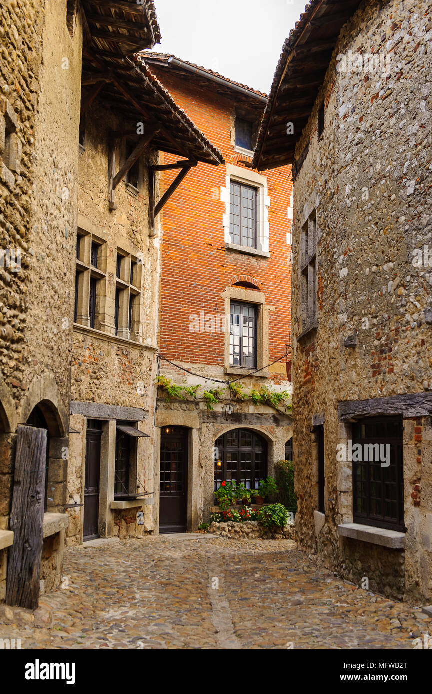 Medieval architecture of Perouges, France, a walled town, a popular ...
