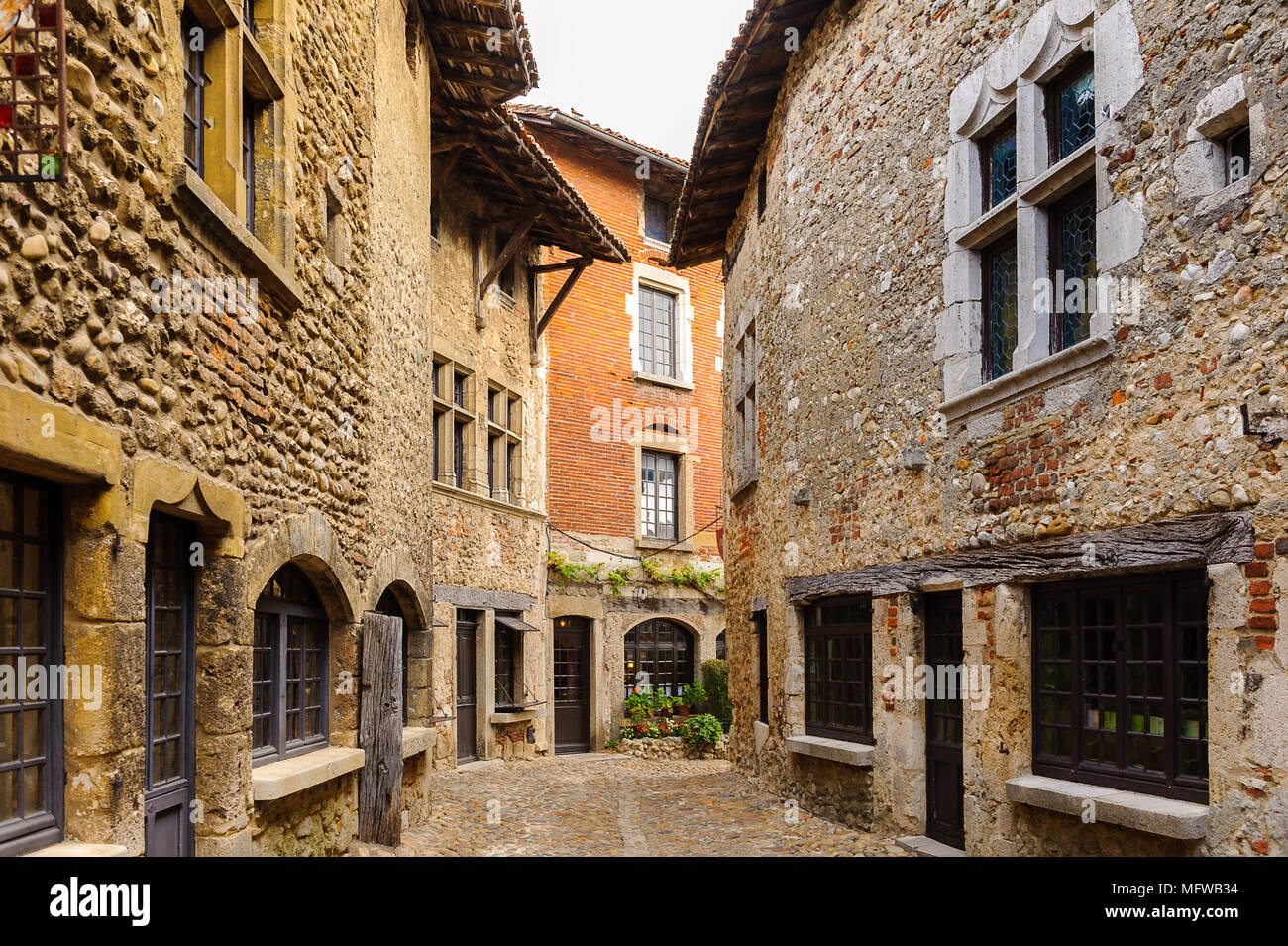 Medieval architecture of Perouges, France, a walled town, a popular ...