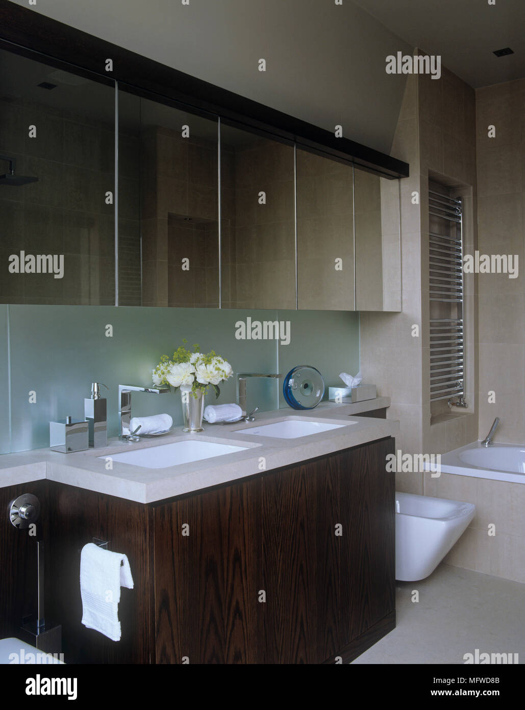 Bathroom with wood and silver units Stock Photo - Alamy