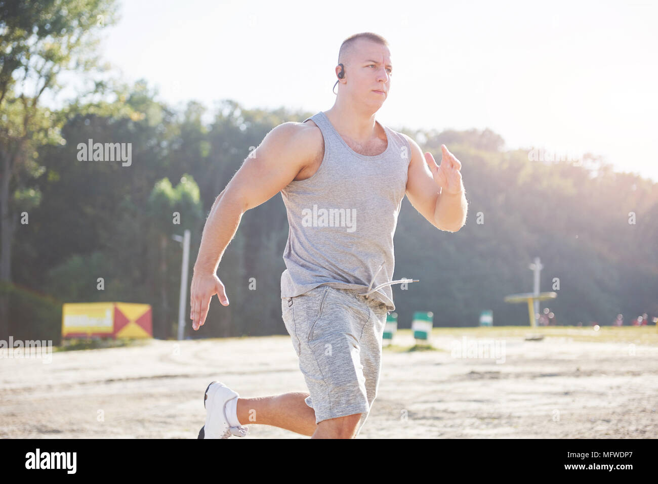 Outdoor cross-country running in early sunrise concept for exercising ...