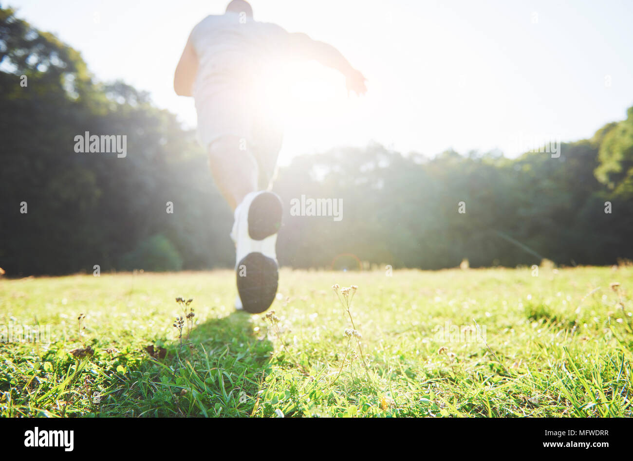 Outdoor cross-country running in summer sunshine concept for exercising ...