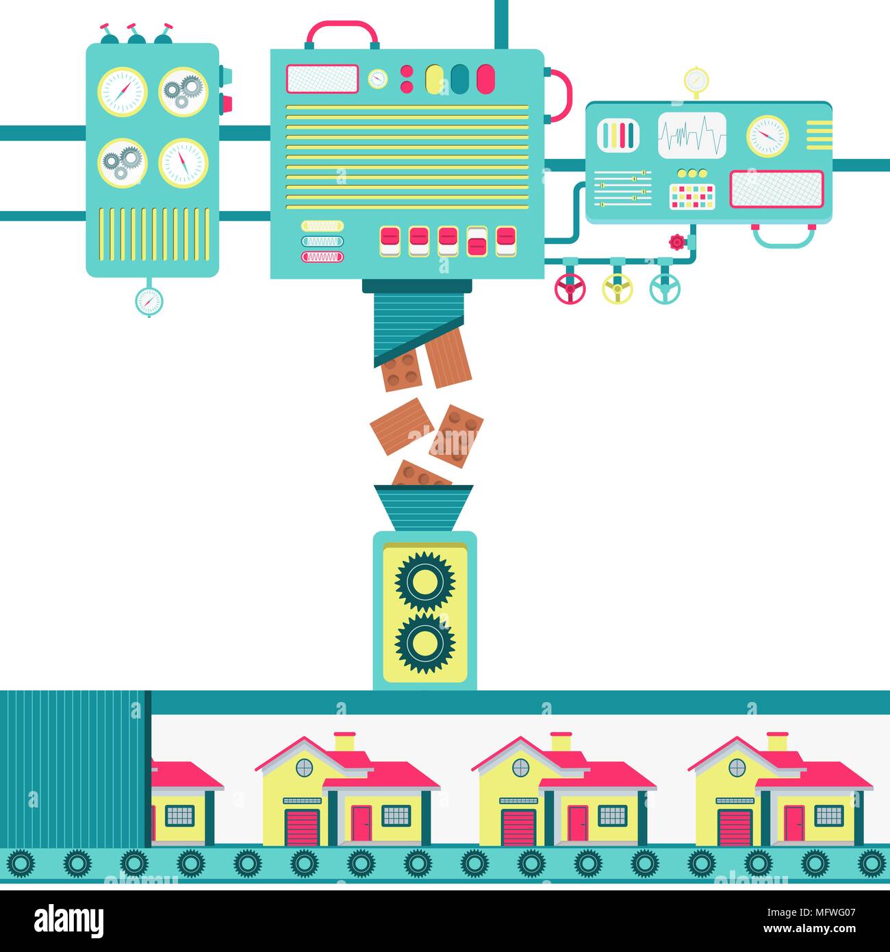 Machinery processing masonry bricks and turning into houses. Mass ...