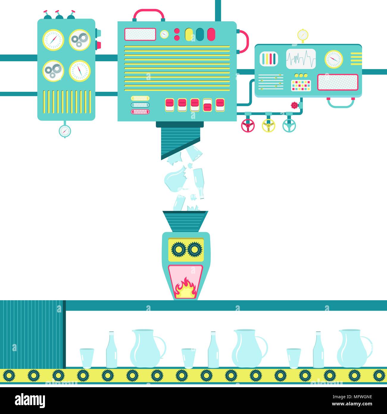 Machinery processing broken glass and turning into new glassware Stock ...