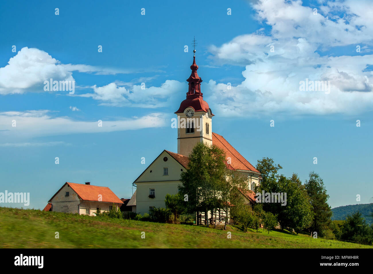 Superb views of the European landscape with road leading to the Church ...