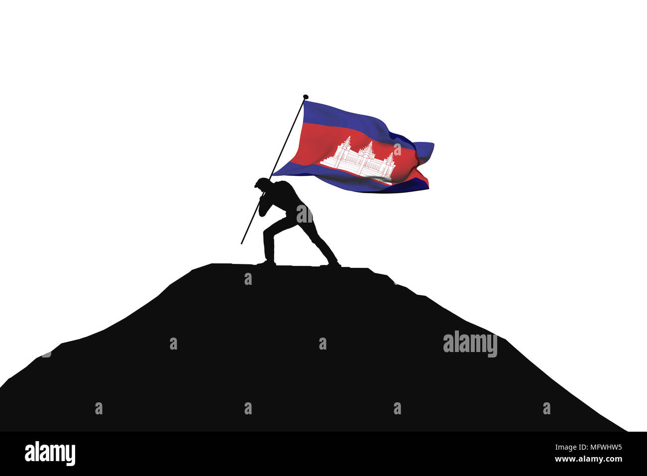 Cambodia flag being pushed into mountain top by a male silhouette. 3D ...