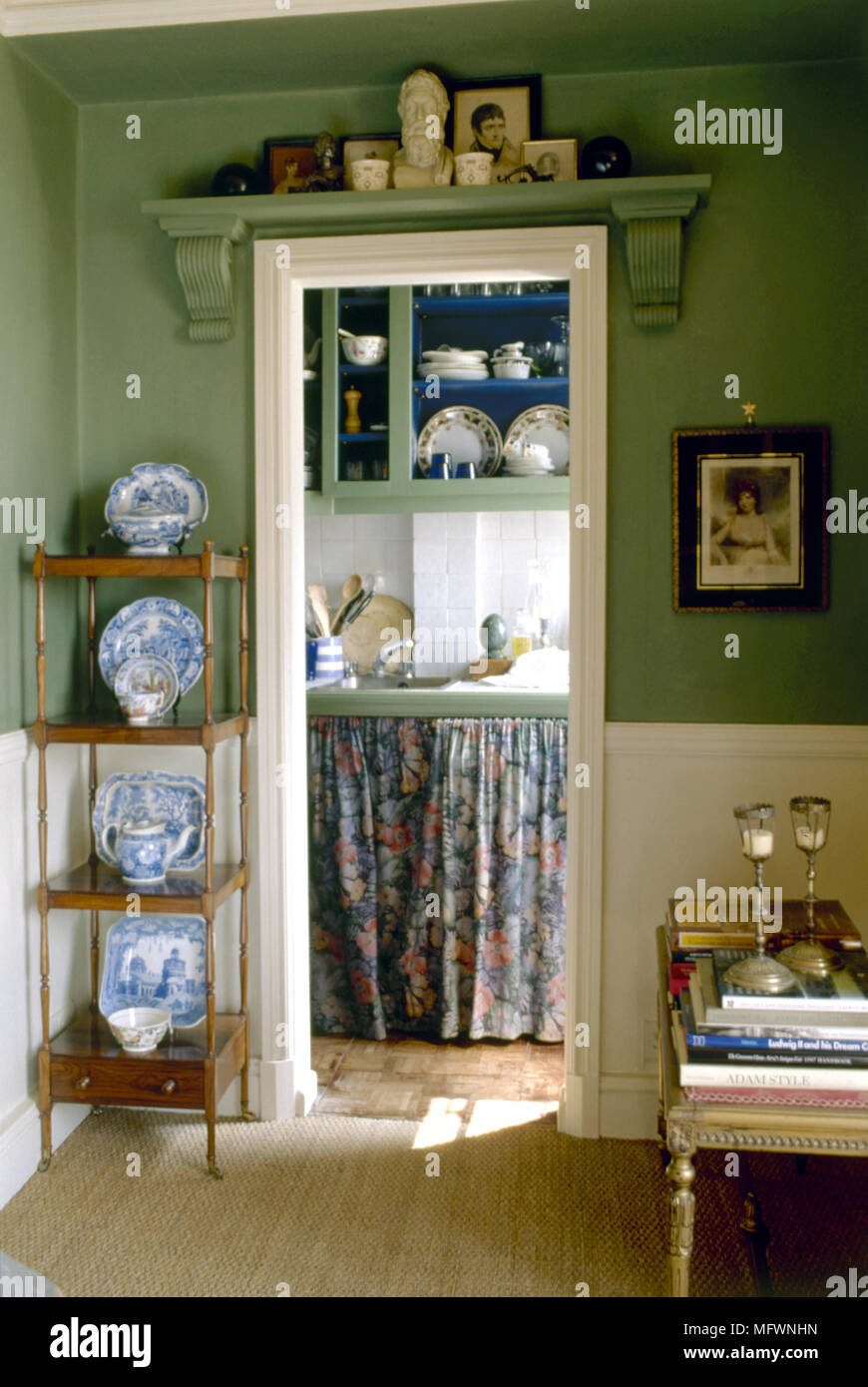 Traditional, green sitting room, detail, display whatnot, blue white ...