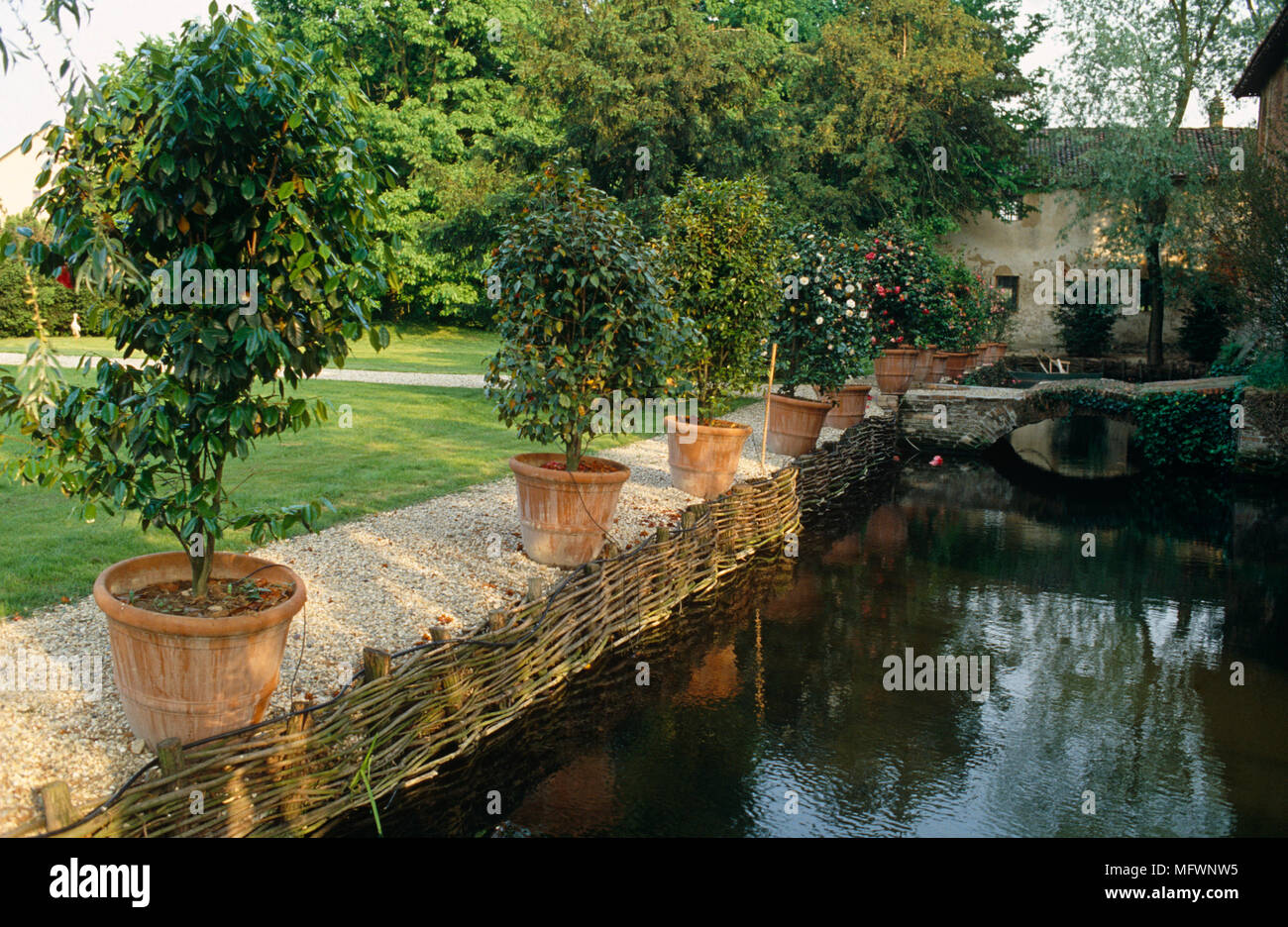 Pond with woven wooden border lined with pot plants Stock Photo - Alamy