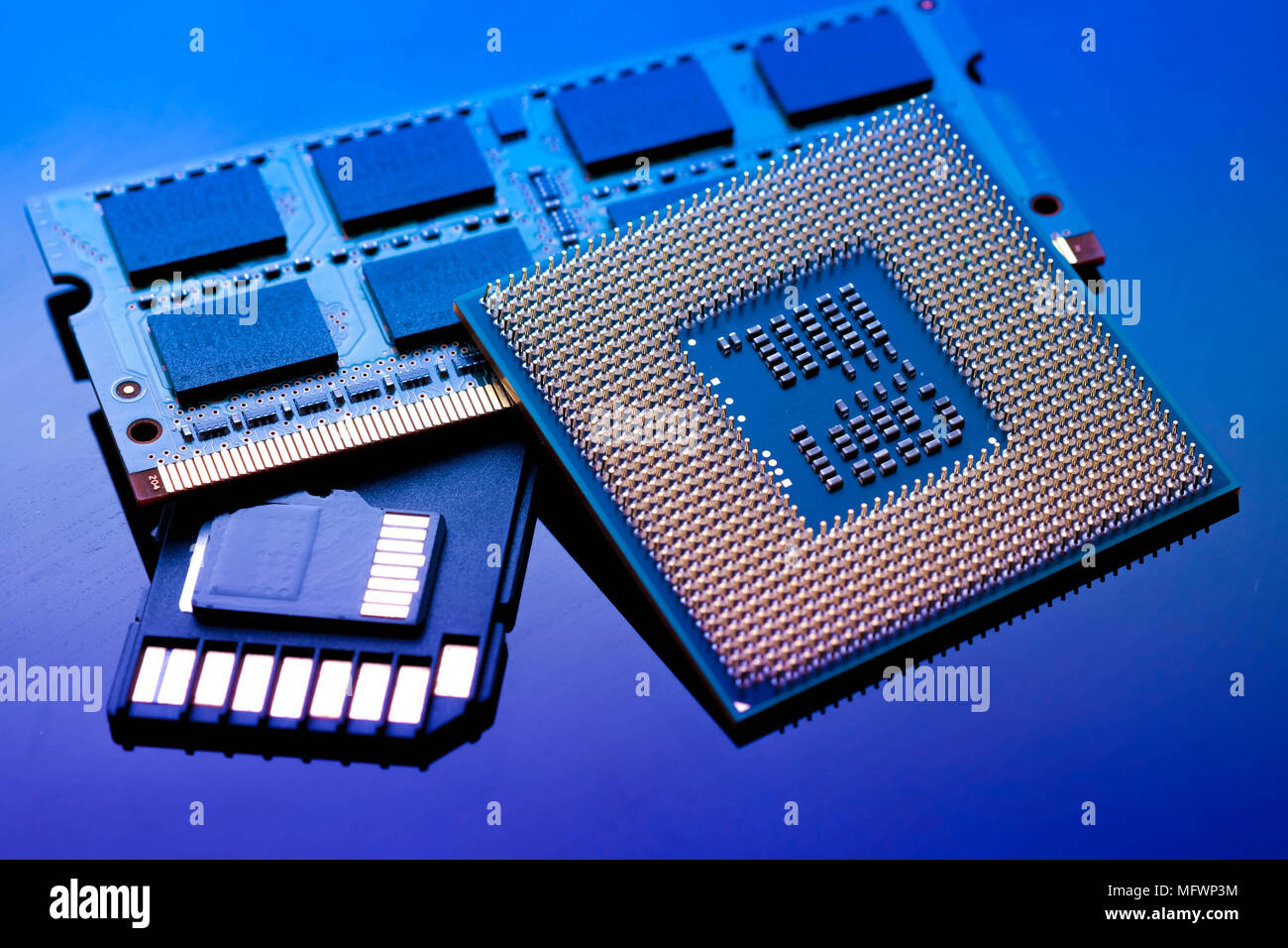 technology cyber electronic concept. cpu ram computer on blue light ...