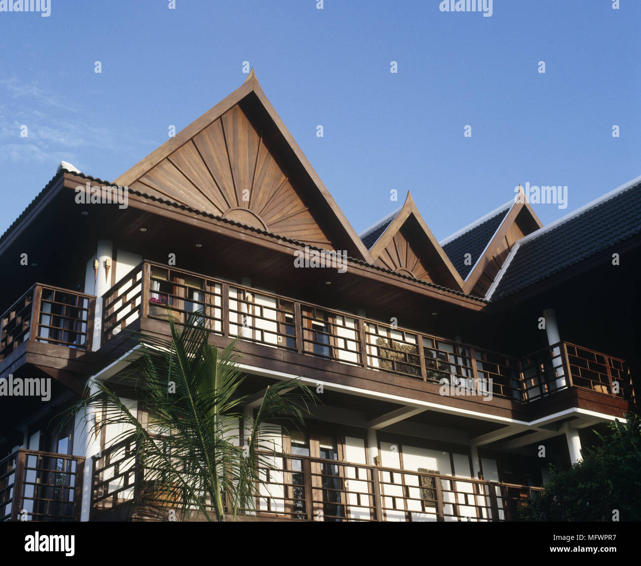 Exterior of European style chateau with balcony and wooden roof Stock ...