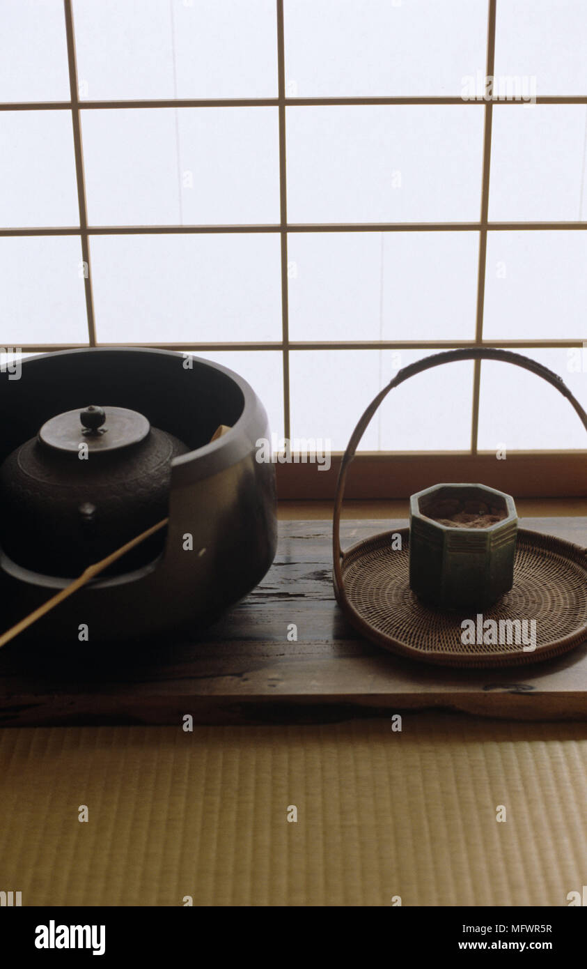 Japanese style crockery on wooden tray in front of screen Stock Photo ...