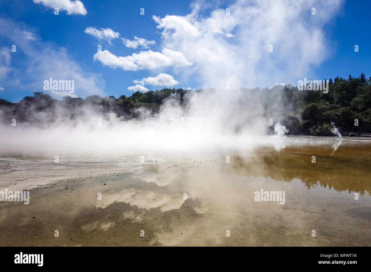 Steaming lake in Waiotapu geothermal area, Rotorua, New Zealand Stock ...