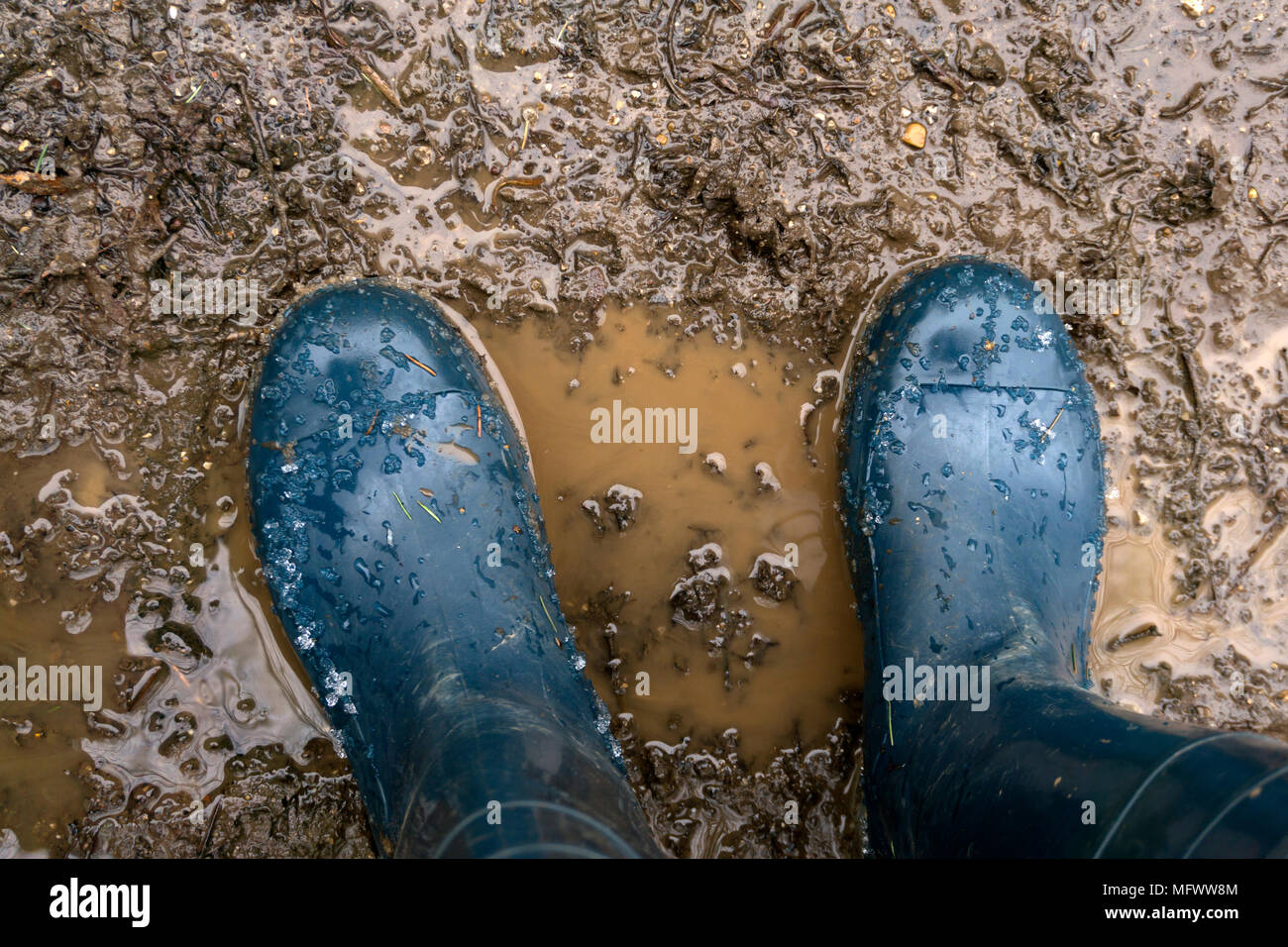 human feet in rubber boots stand in the mud, top-down view Stock Photo ...