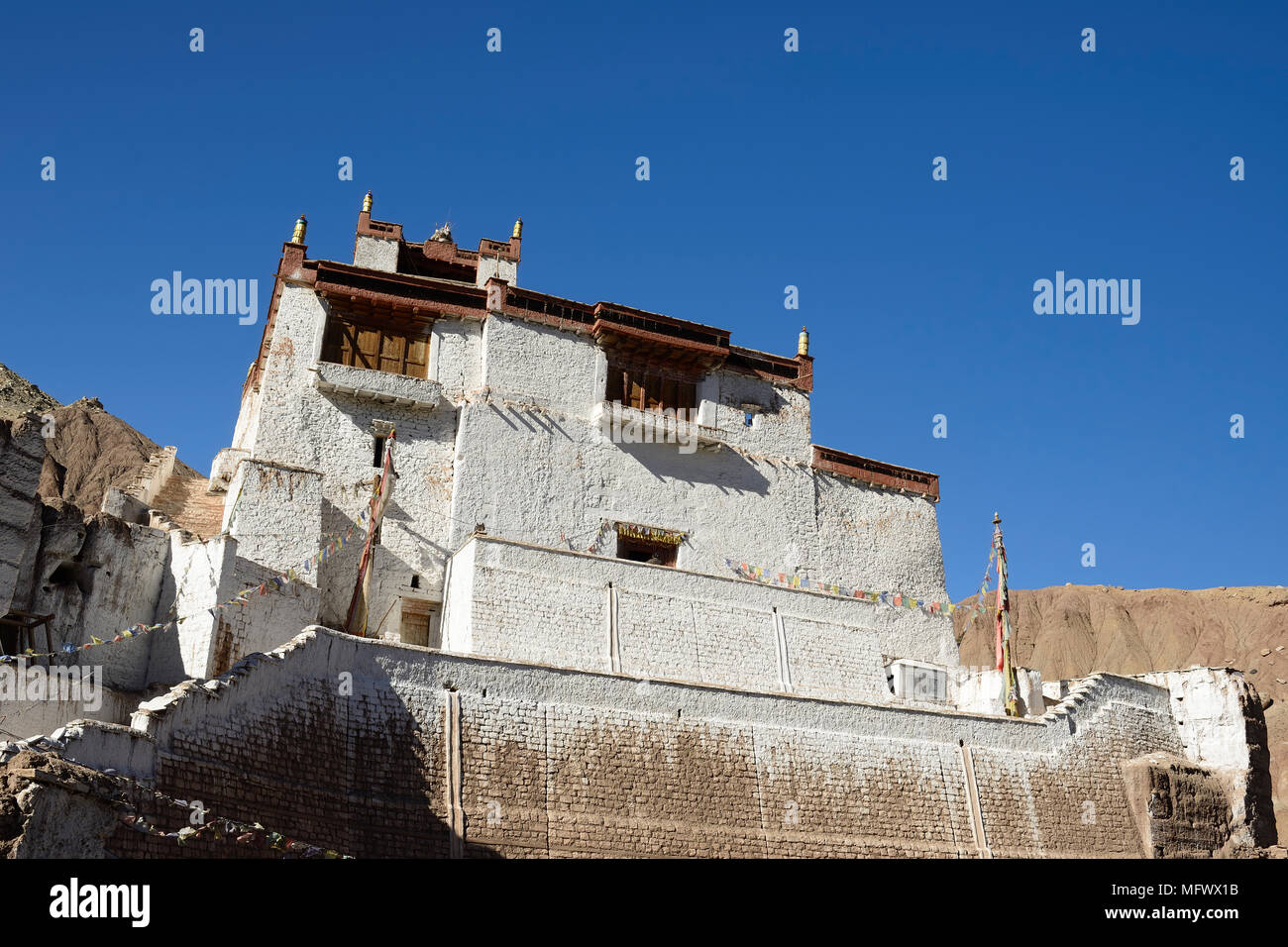 View on the beautifully located Buddhist monastery in the Basgo village ...