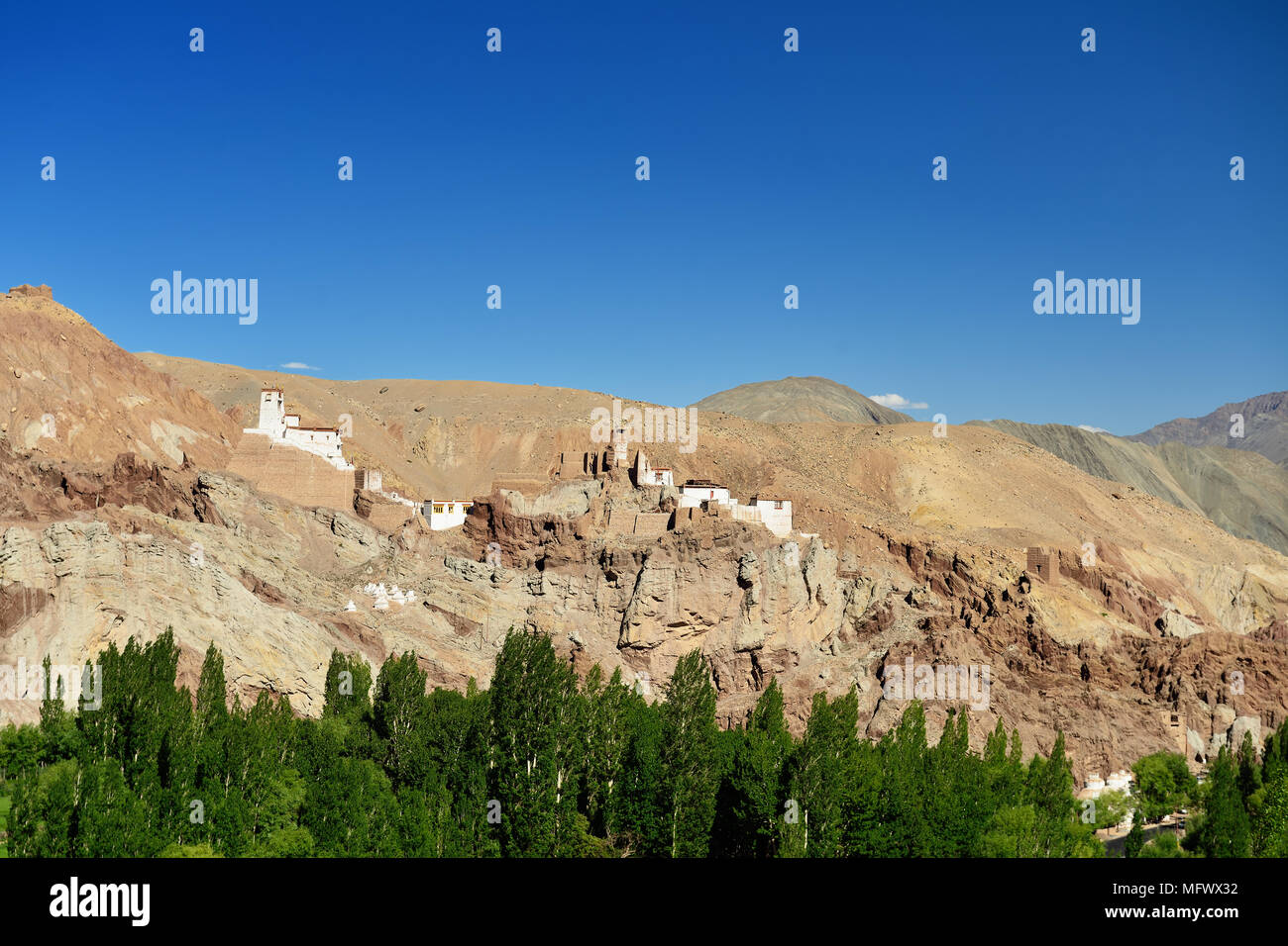 View on the beautifully located Buddhist monastery in the Basgo village ...