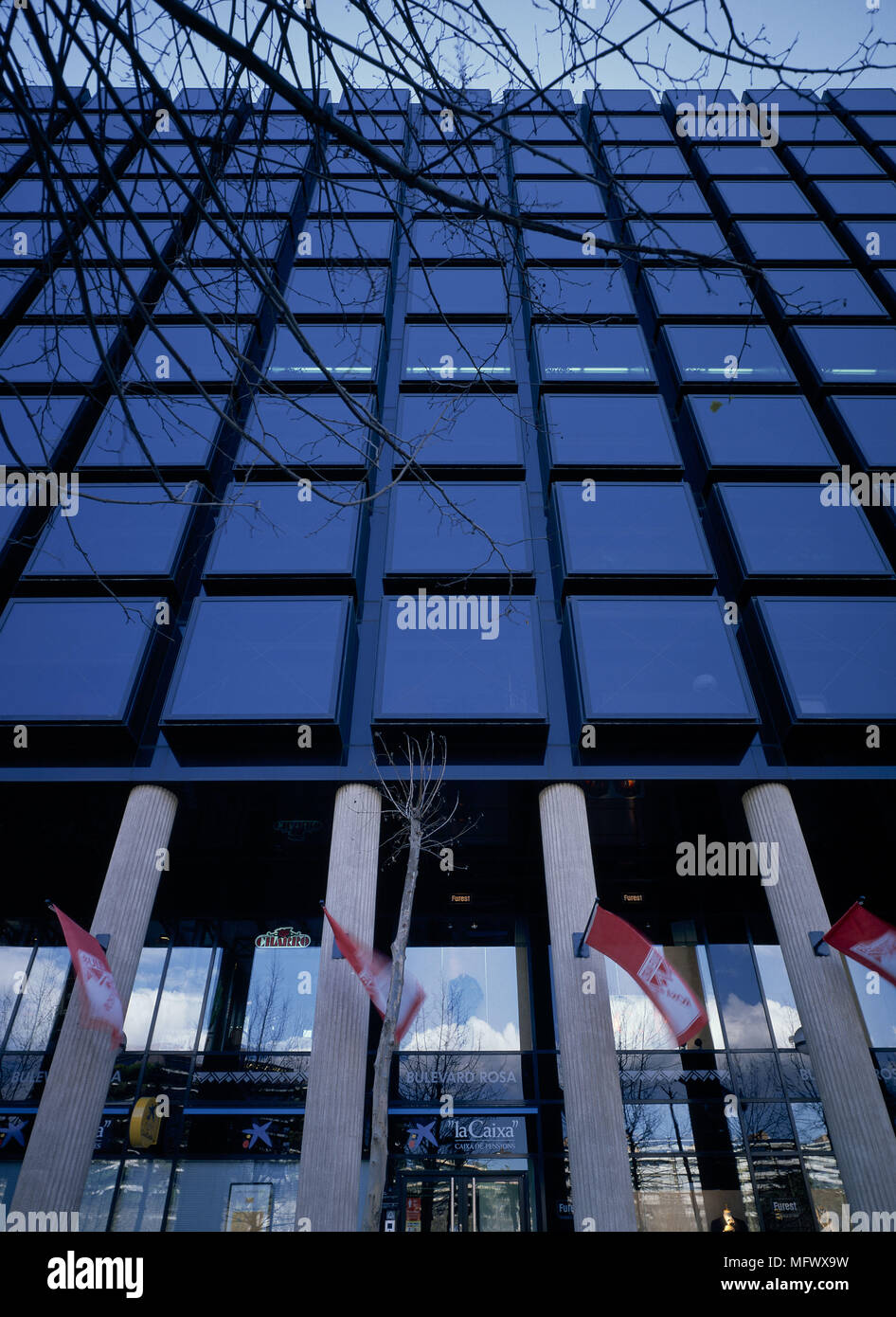 View of flags fluttering outside a shopping mall Stock Photo - Alamy