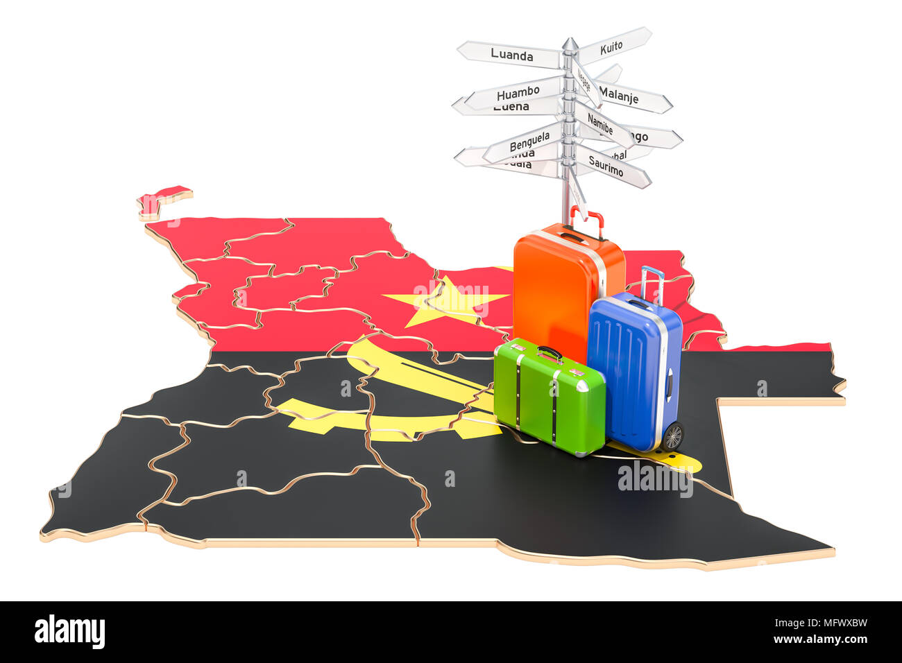 Angola travel concept. Map with suitcases and signpost, 3D rendering ...