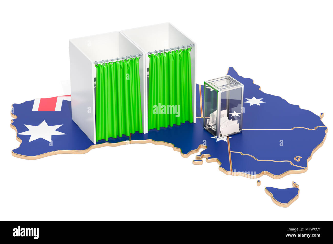 Australian election concept, ballot box with voting booths on map of ...