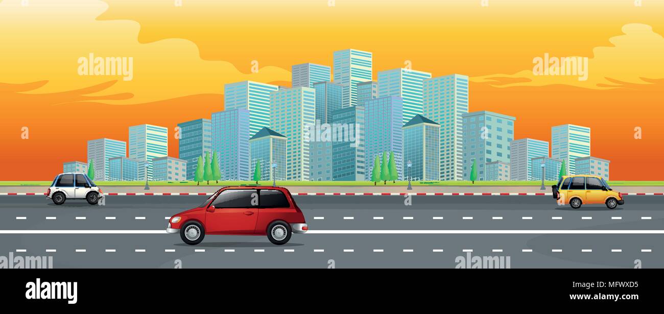 Roadside View with Modern City and Golden Sky illustration Stock Vector ...