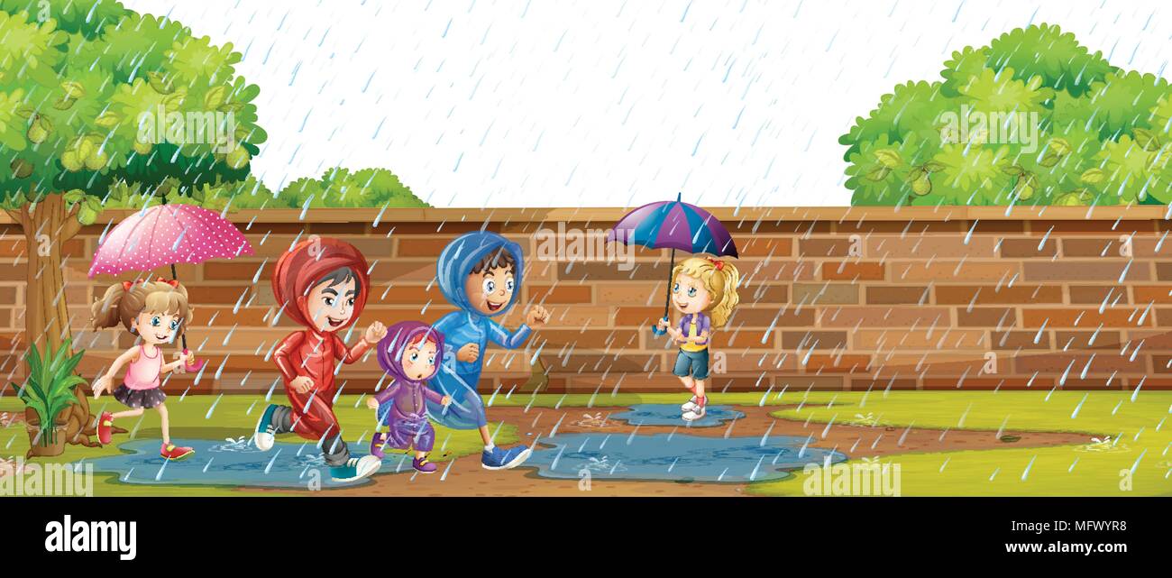 Kids Playing in the Rain illustration Stock Vector Image & Art - Alamy