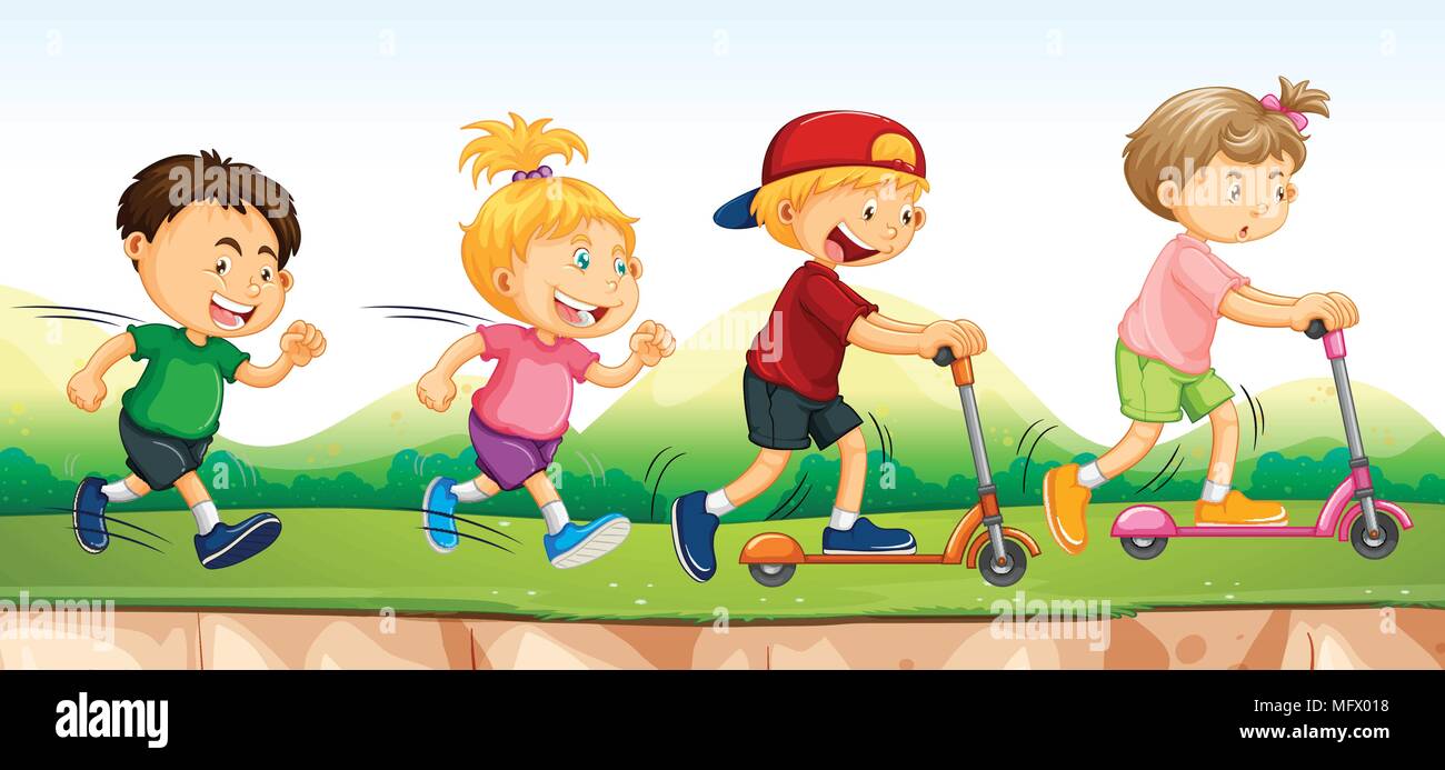 Four kids running and scooting in park illustration Stock Vector Image ...