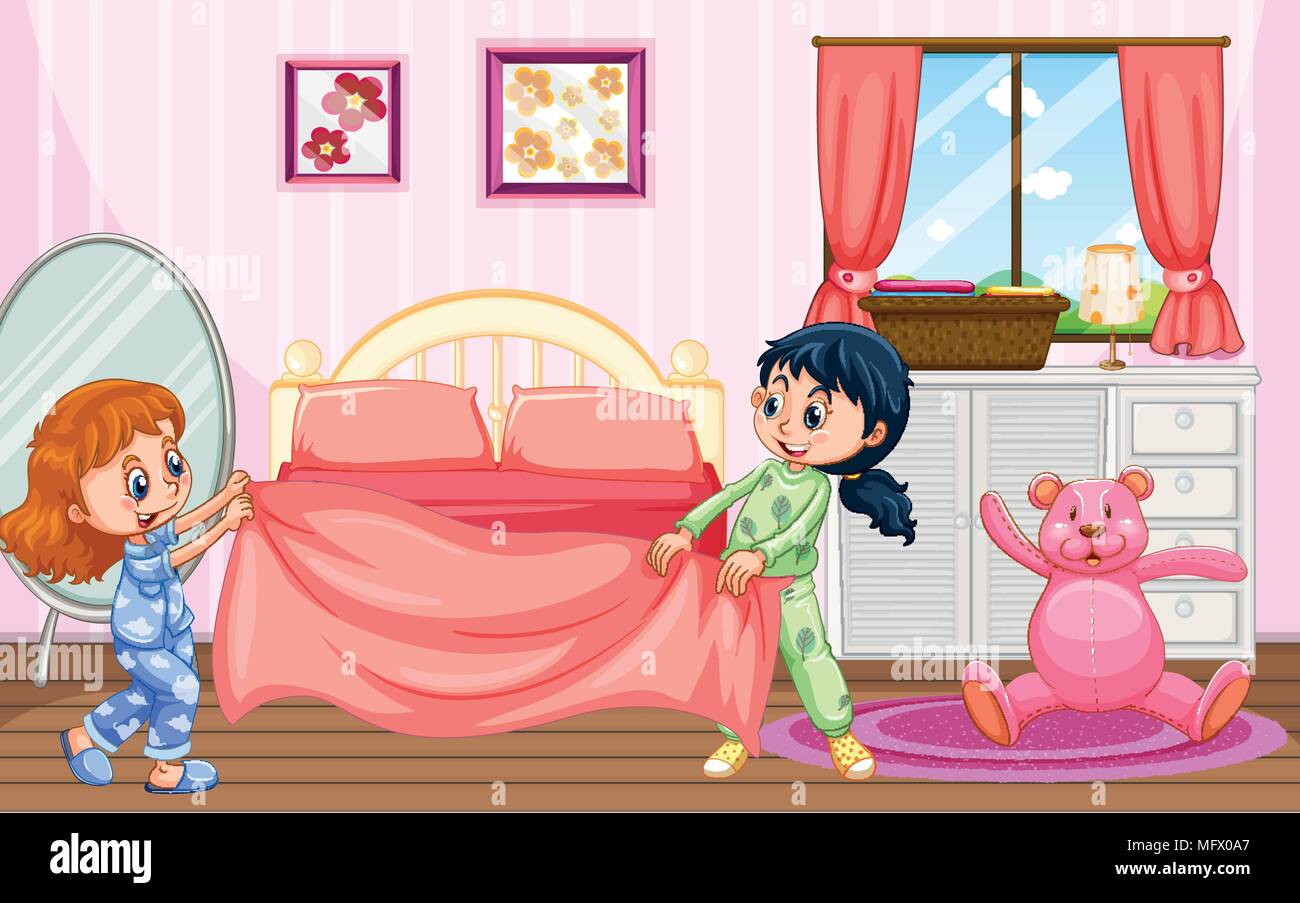 Girls in Pajamas Making Bed illustration Stock Vector Image & Art - Alamy