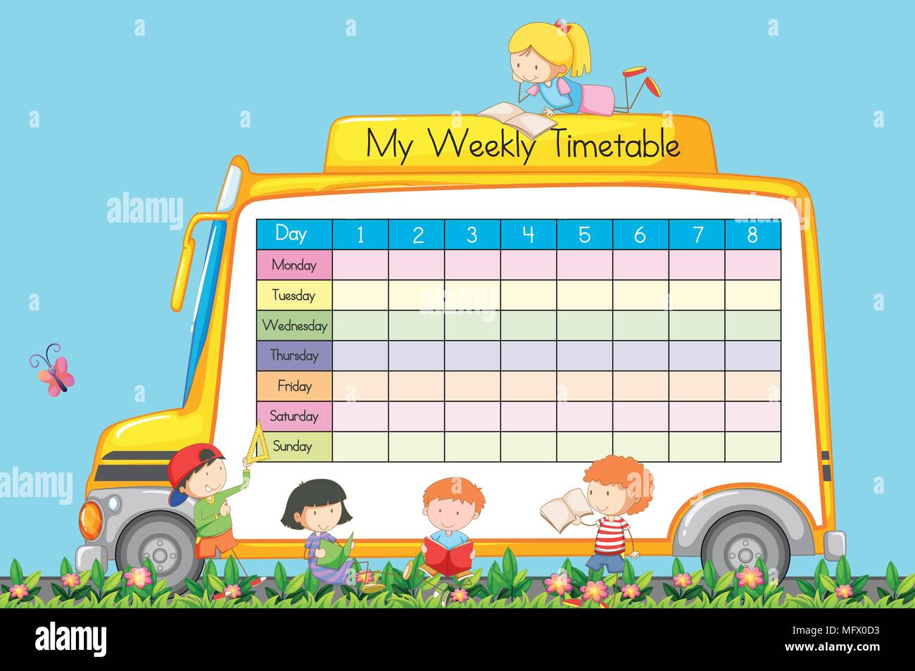 Weekly Timetable on School Bus Theme illustration Stock Vector Image ...
