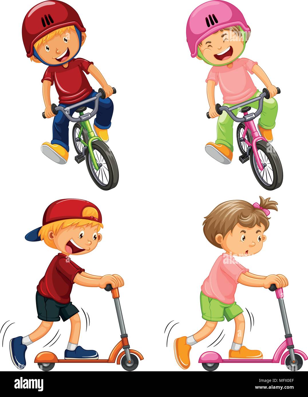 Urban Boys Riding Bicycle and Kick Scooter illustration Stock Vector ...