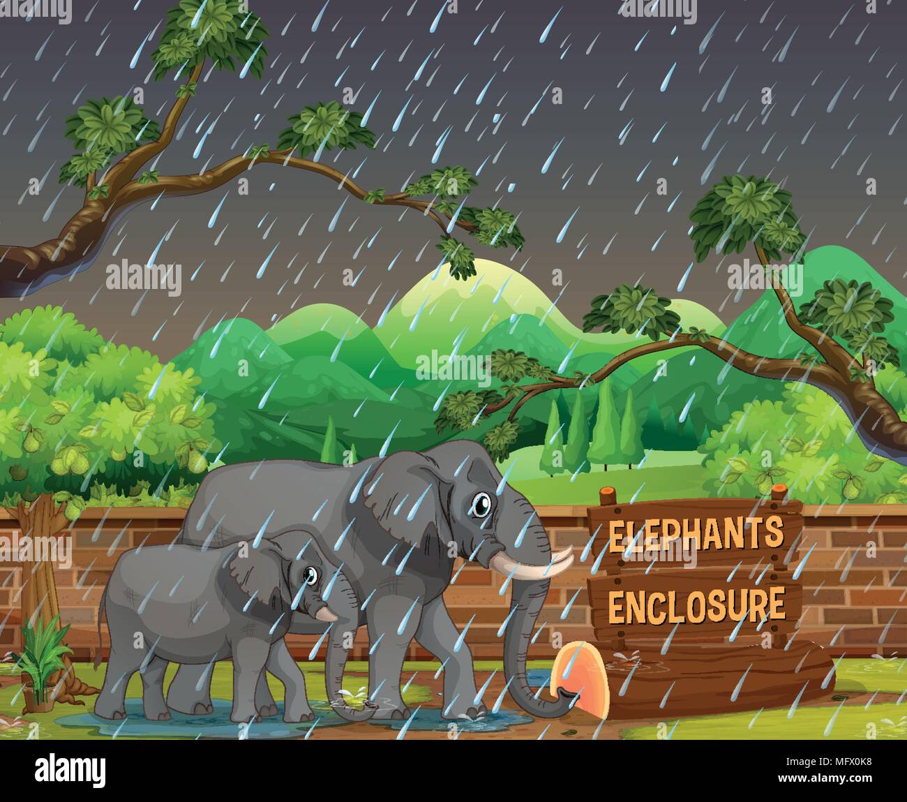Zoo scene with elephants in rainy day illustration Stock Vector Image ...