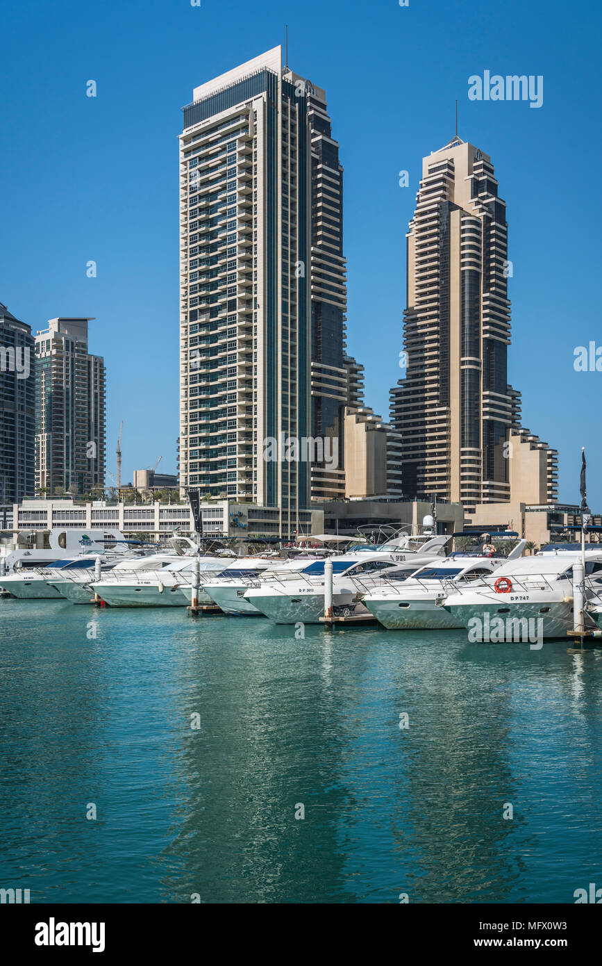 Boats docked in the marina of Dubai, UAE, Middle East Stock Photo - Alamy