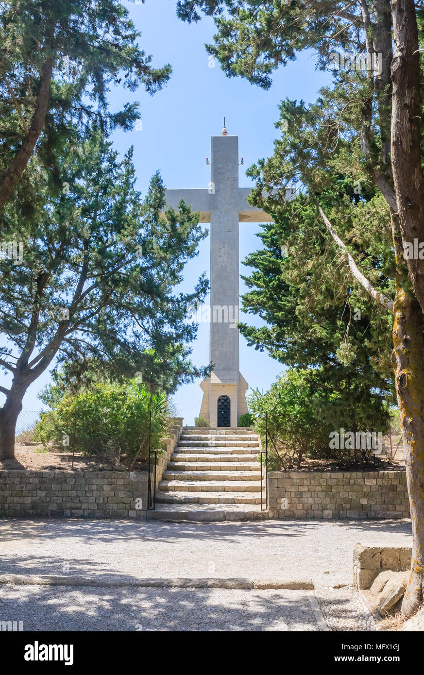 Cross on the observation deck. Mount Filerimos. Rhodes. Greece Stock ...