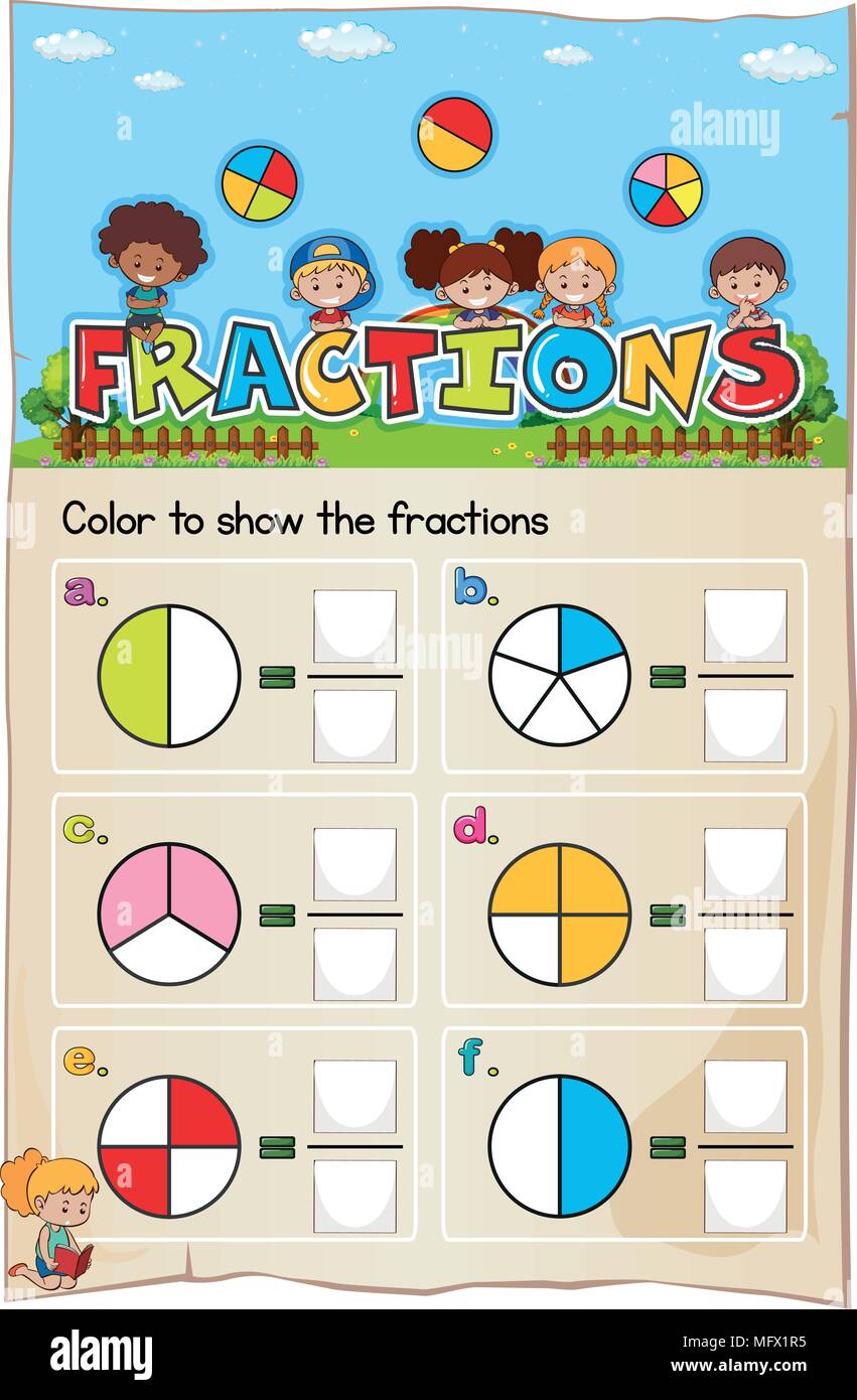 Mathematics Worksheet Fractions Chapter with Picture illustration Stock ...