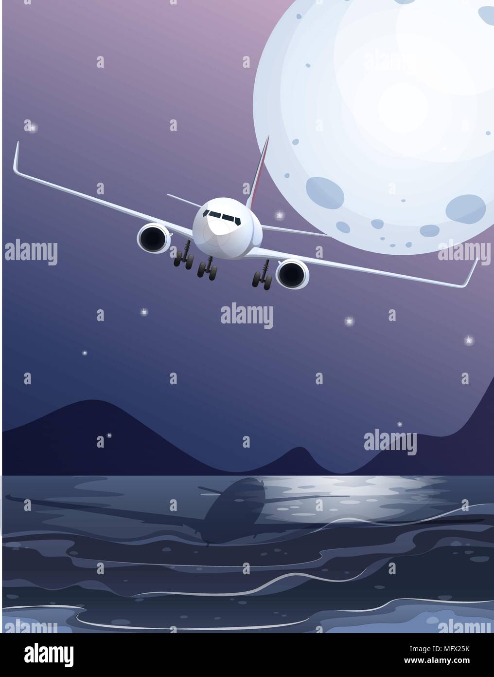 An Airplane Flying Over the Sea on Full Moon illustration Stock Vector ...