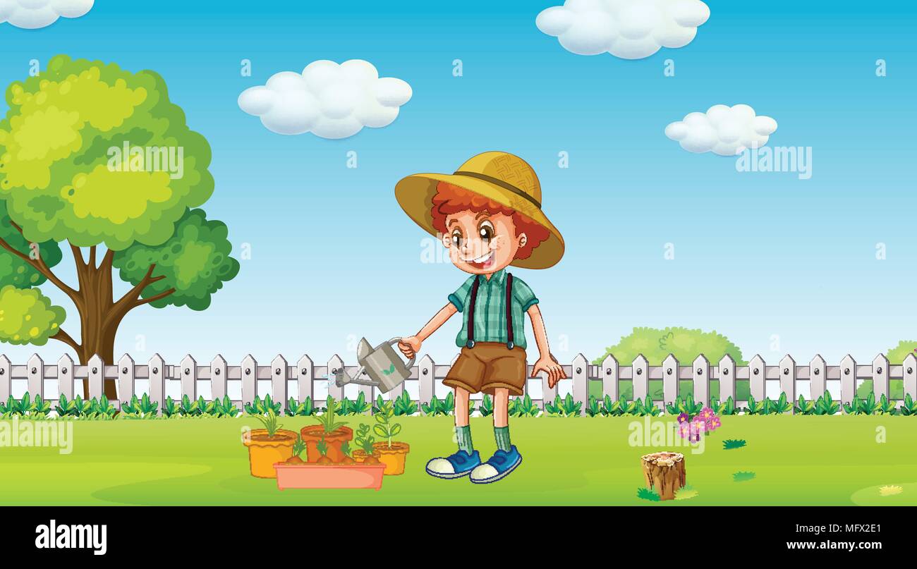 Boy Watering Plants Clipart