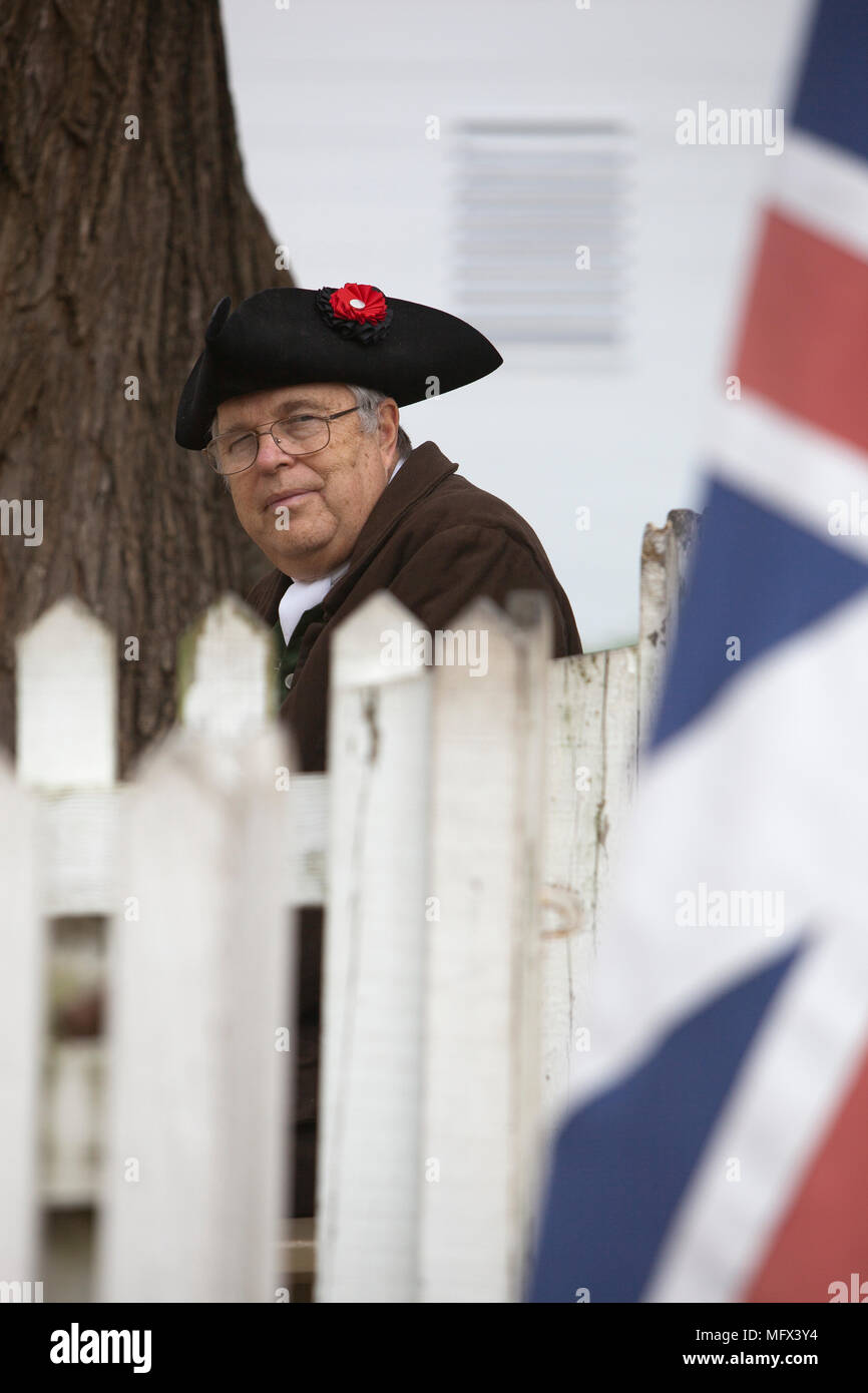 Portrait of a senior man in early American dress wearing a three corner ...