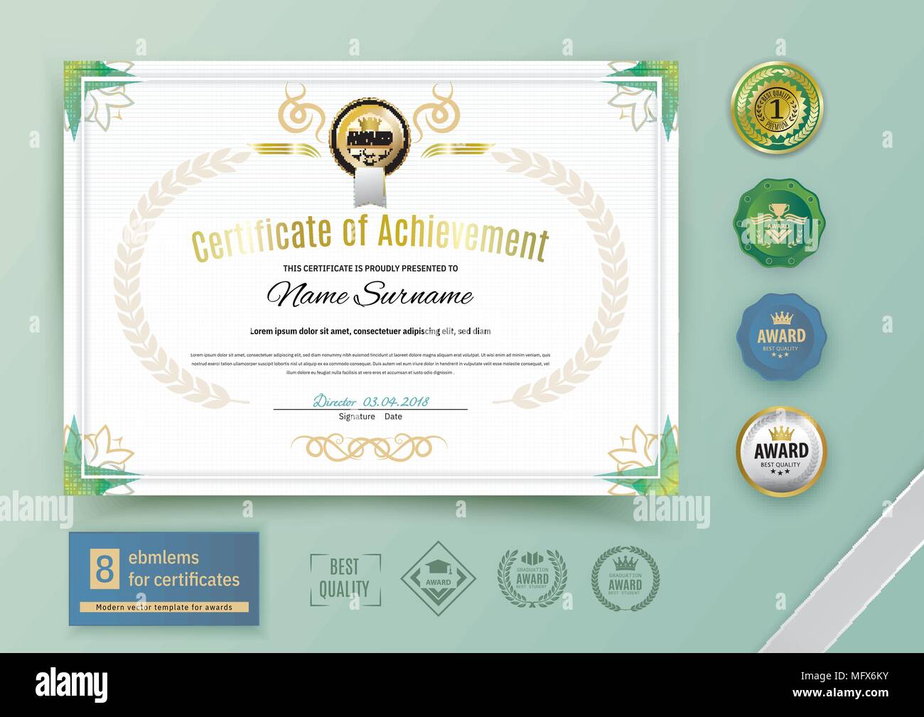 Official white certificate with green triangle design elements ...