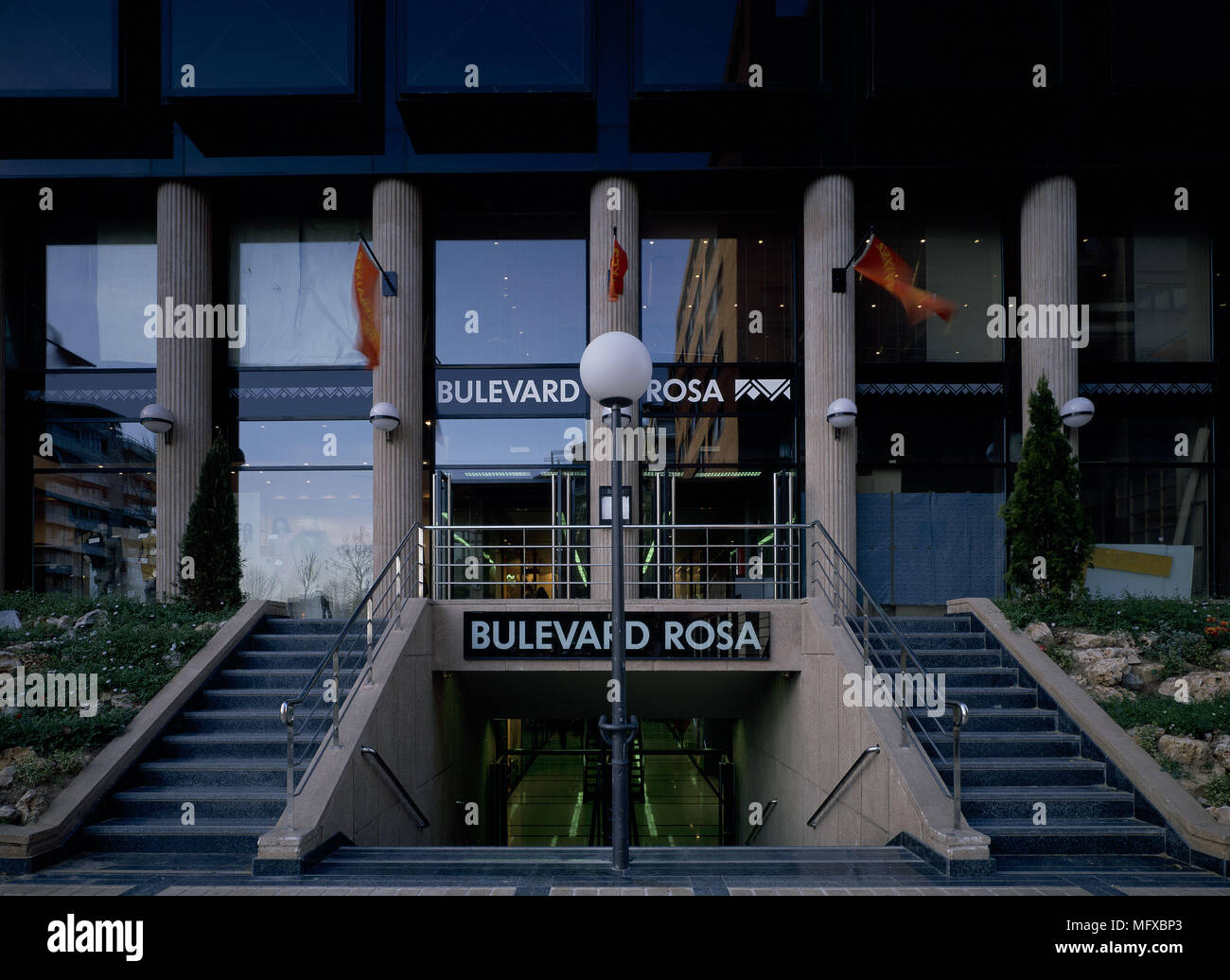 View of staircases leading to a shopping mall Stock Photo - Alamy