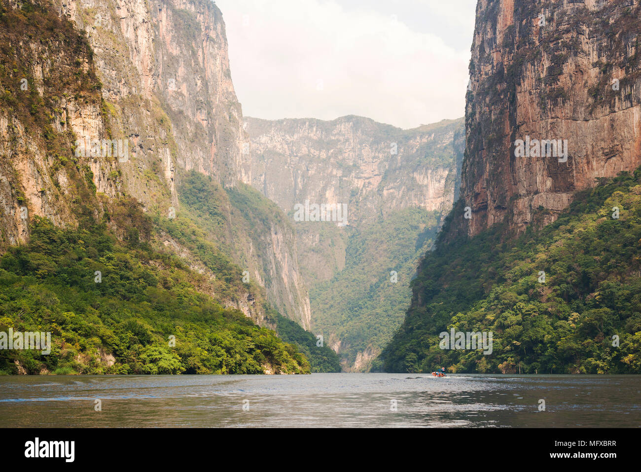 Tour boats and tourists travel through the Sumidero Canyon Chiapas ...