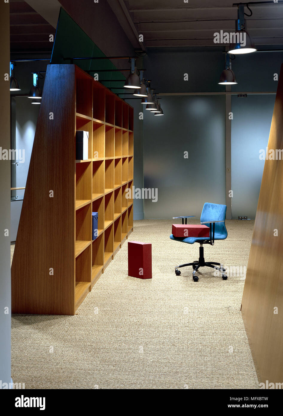 View of wooden shelves inside an office Stock Photo - Alamy