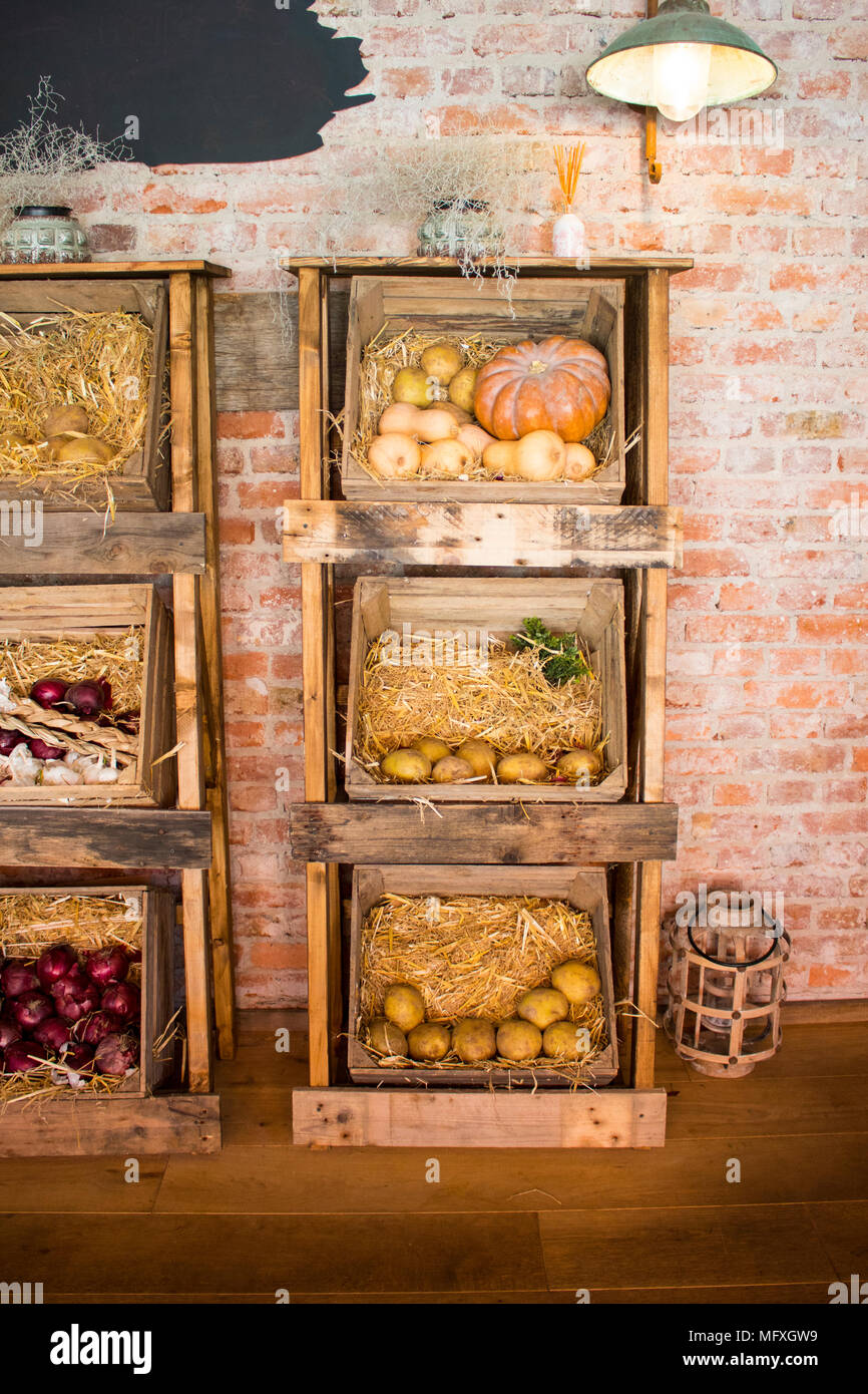 Traditional wooden farmer boxes with friuts and vegetables Stock Photo ...